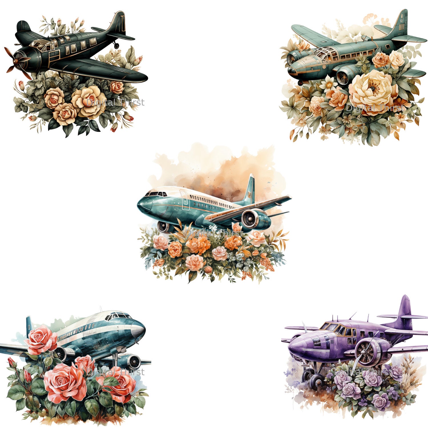 Watercolor Floral Planes Clipart, Colorful Planes With Flowers, Vintage ...