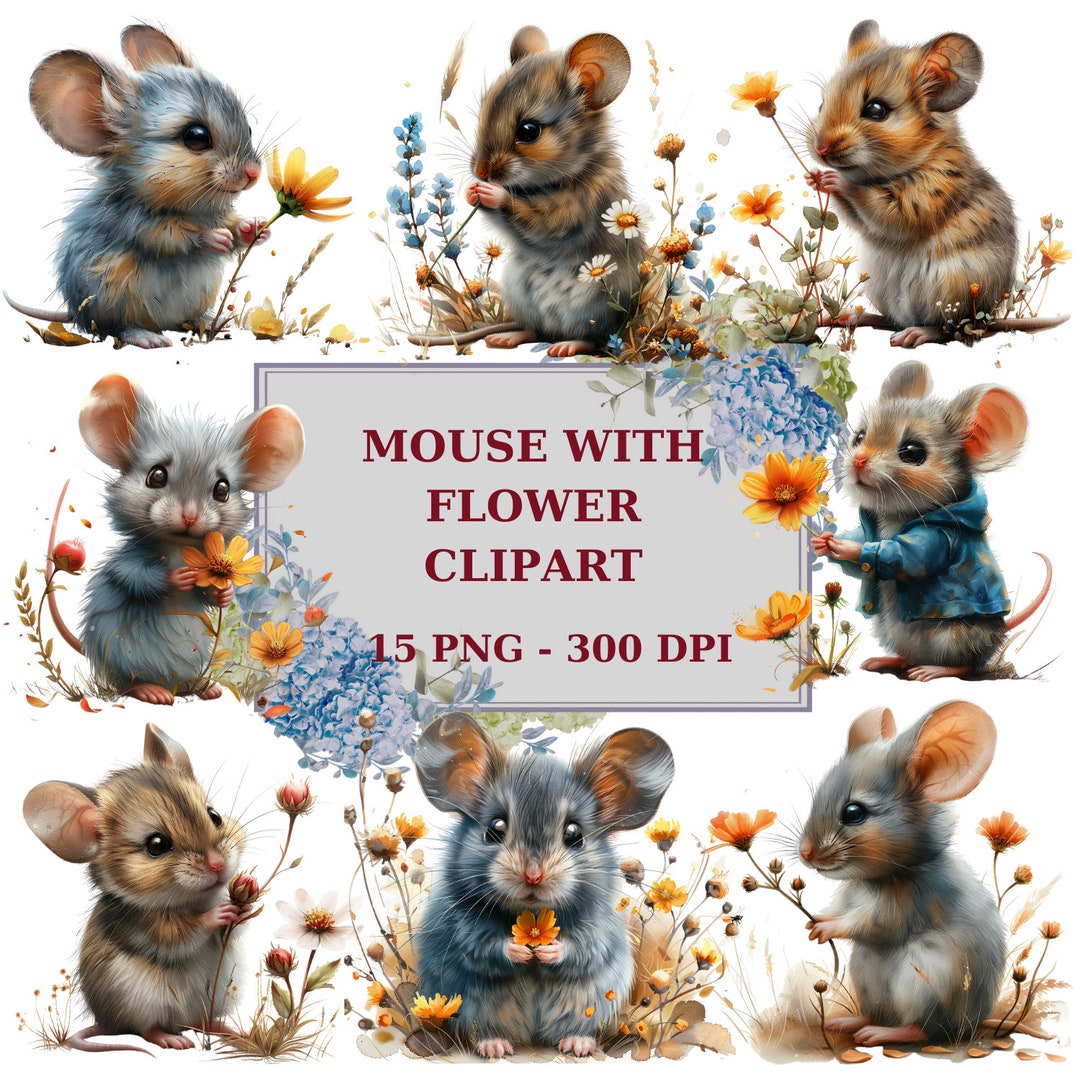 Watercolor Mouse With Flower Clipart, Cute Mice Holding a Flower ...