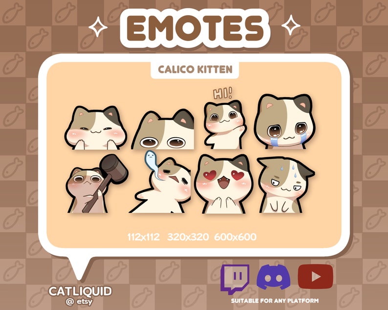 EMOTE BUNDLE 8 Cute Kawaii Chibi Calico Kitten Emote Pack - Etsy