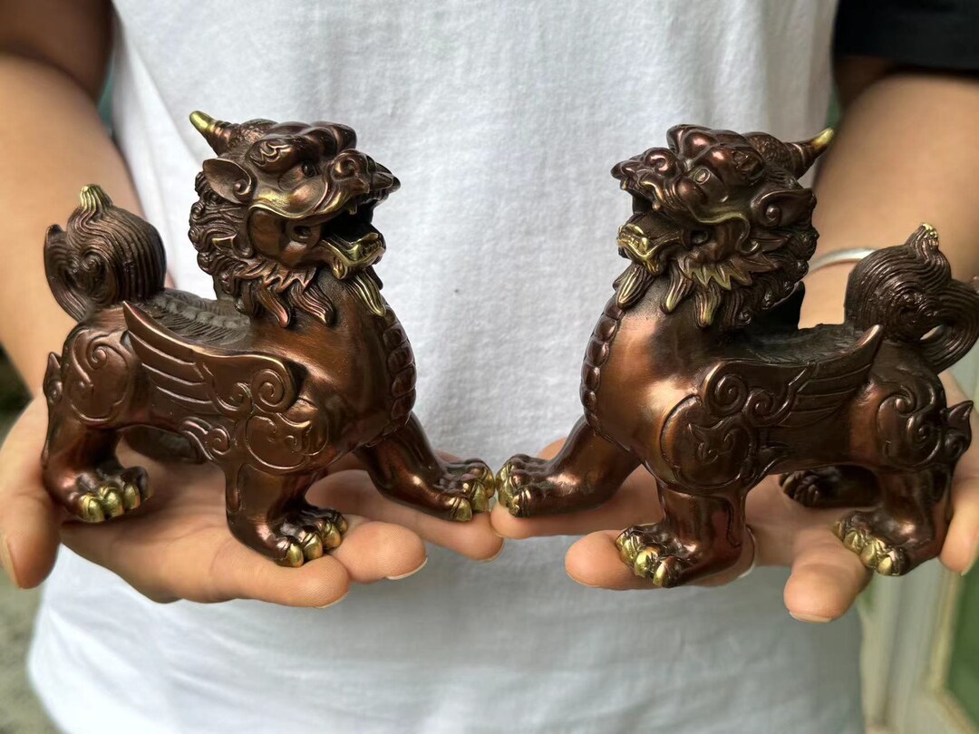 Pair Copper Gilt Fengshui Animal Pixiu Beast Wealth Lucky Bixie Statue ...