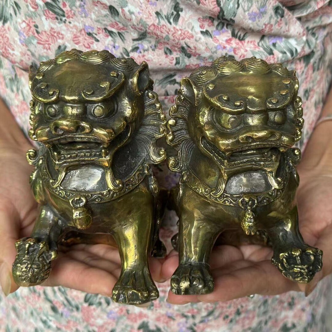 Pair Powerful Copper Chinese Feng Shui Lions, Beijing Foo Fu Dog ...