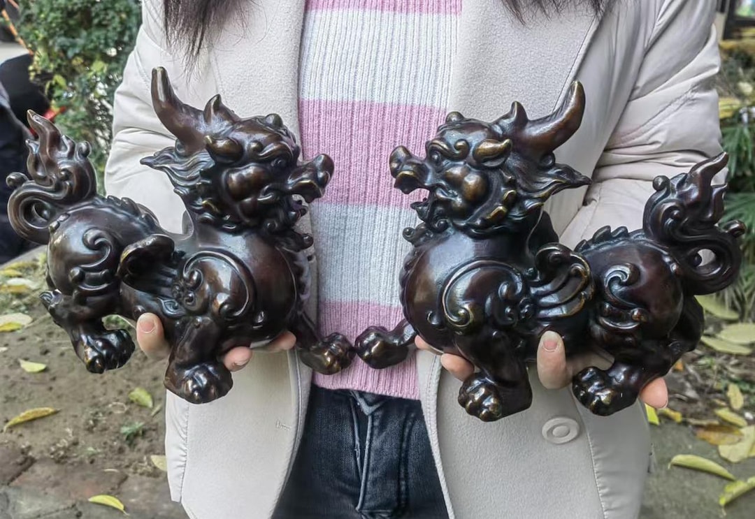 Pair Wealth Pixiu Statue Feng Shui Decor Kirin Pi Yao, Copper Kylin ...