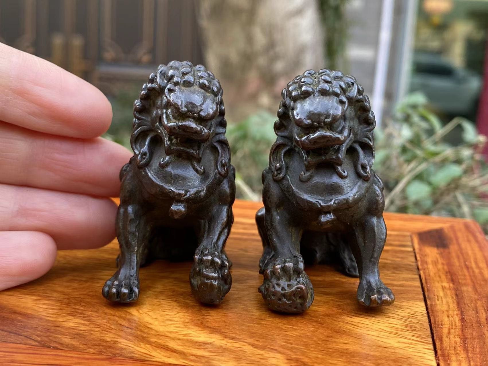 Pair Copper Mini Foo-dogs Sculpture Antiqued Ornaments Wealth Lion ...