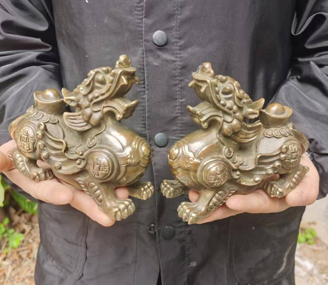 Pair Copper Feng Shui Pixiu Dragon Statue,foo-dogs Lion Temple Guardian ...