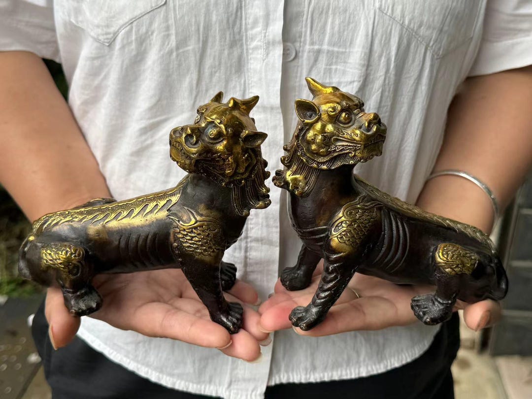 Pair Copper Pixiu Pi Yao Beast Unicorn Wealth Lucky Bixie Animal Statue ...