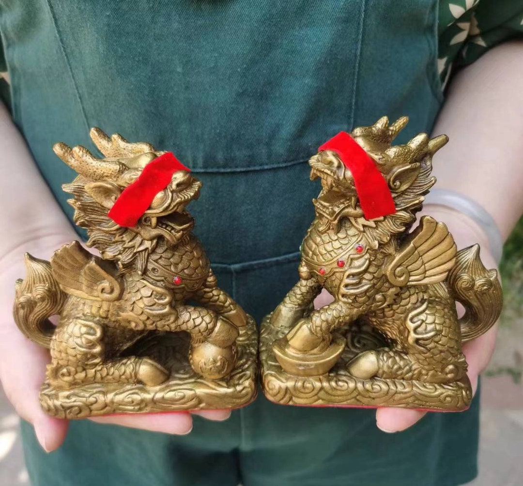Pair Copper Feng Shui Pixiu Dragon Statue,foo-dogs Lion Temple Guardian ...