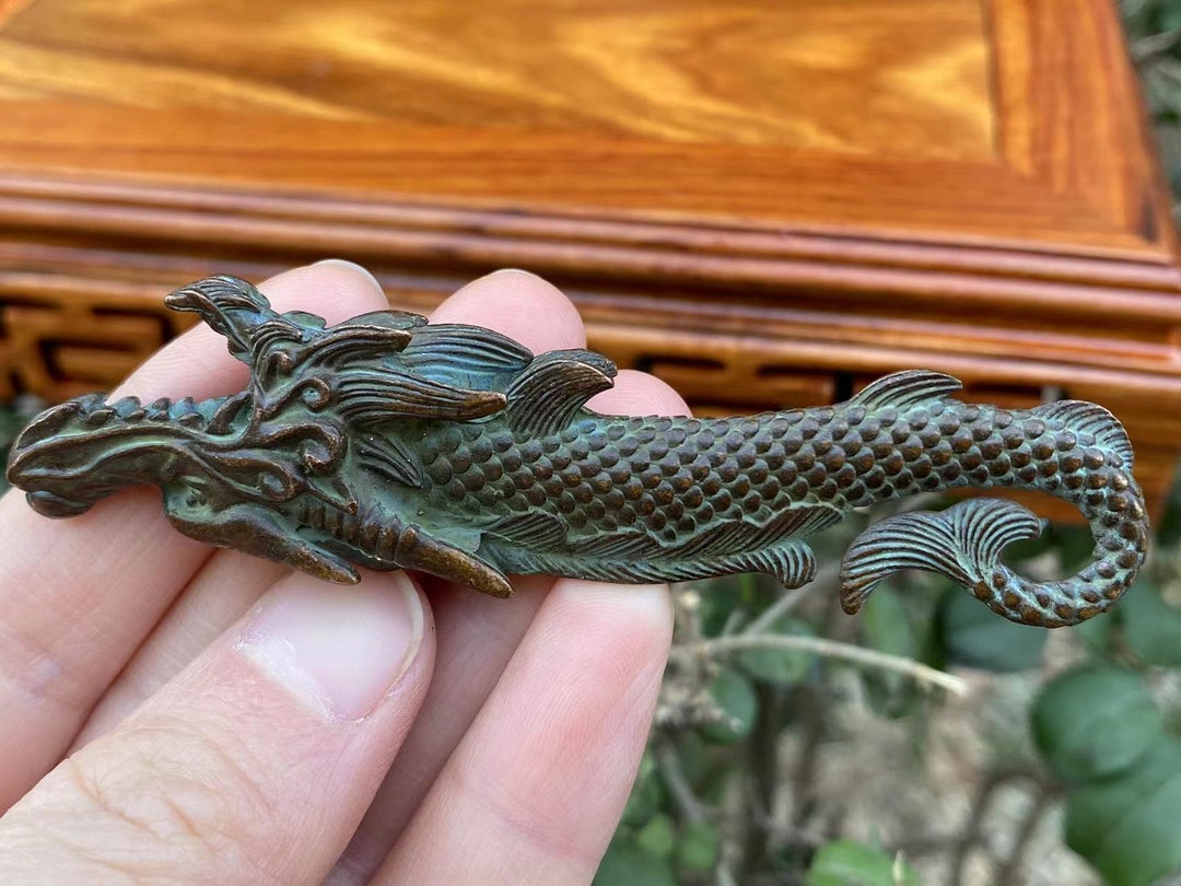 Vintage Asian Copper Fengshui Dragon Fish Loong Goldfish Statue, Good ...