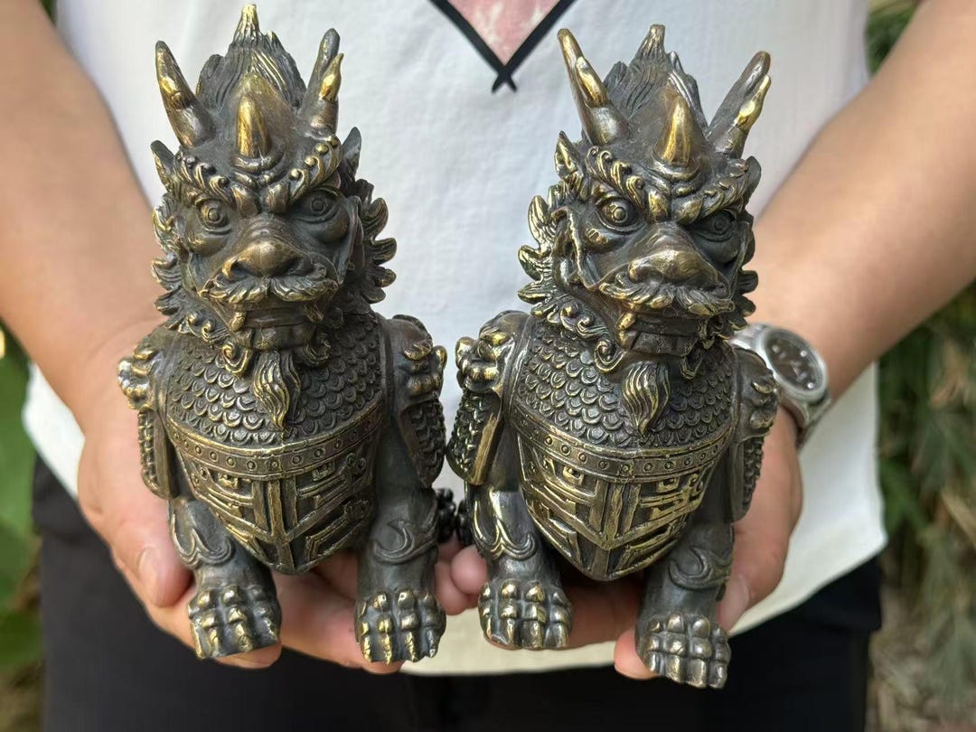 Pair Vintage Copper Qilin Fengshui Animal Pixiu Beast Wealth Bixie ...