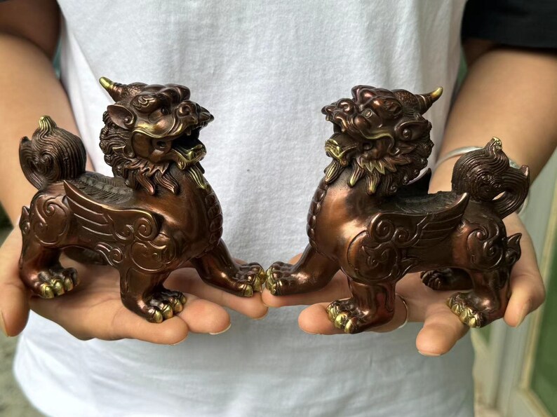 Pair Copper Gilt Fengshui Animal Pixiu Beast Wealth Lucky Bixie Statue ...