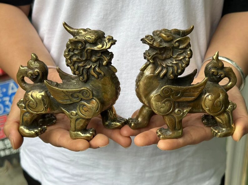 Pair Copper Fengshui Animal Pixiu Beast Wealth Lucky Bixie Statue ...
