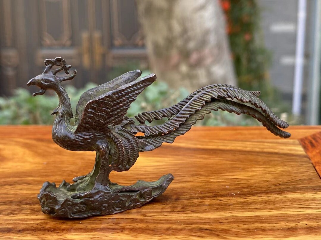 Copper Phoenix Sculpture Antiqued Golden Ornaments Fengshui Decoration ...