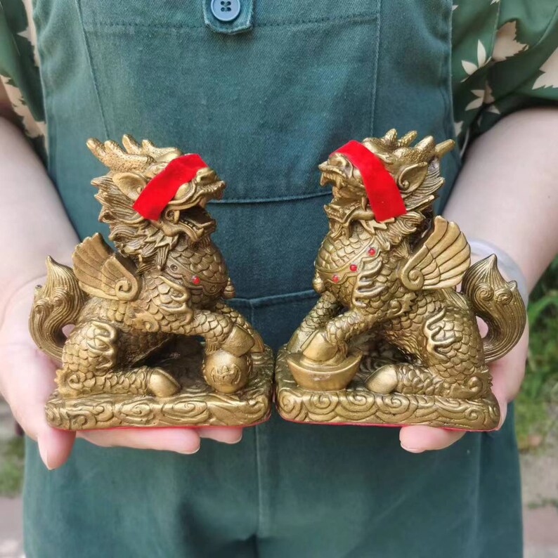 Pair Copper Feng Shui Pixiu Dragon Statue,foo-dogs Lion Temple Guardian ...