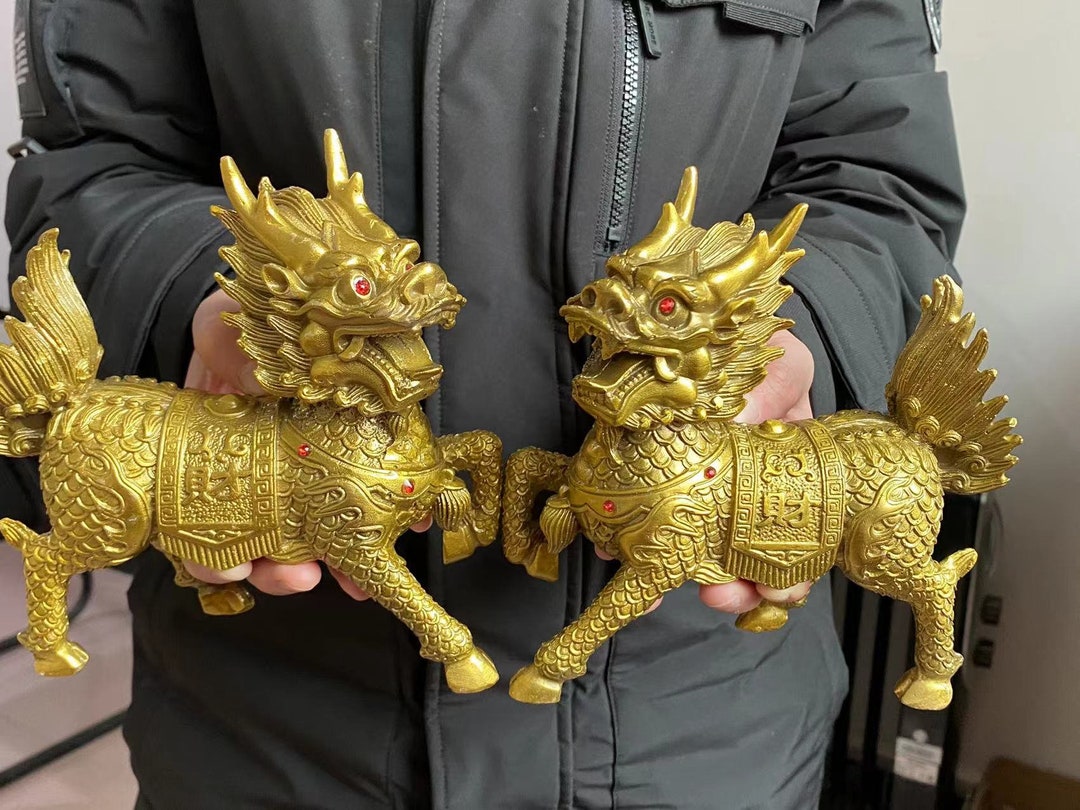 Pair Copper Feng Shui Chi Lin Qilin Dragon Statue,foo-dogs Lion Temple ...