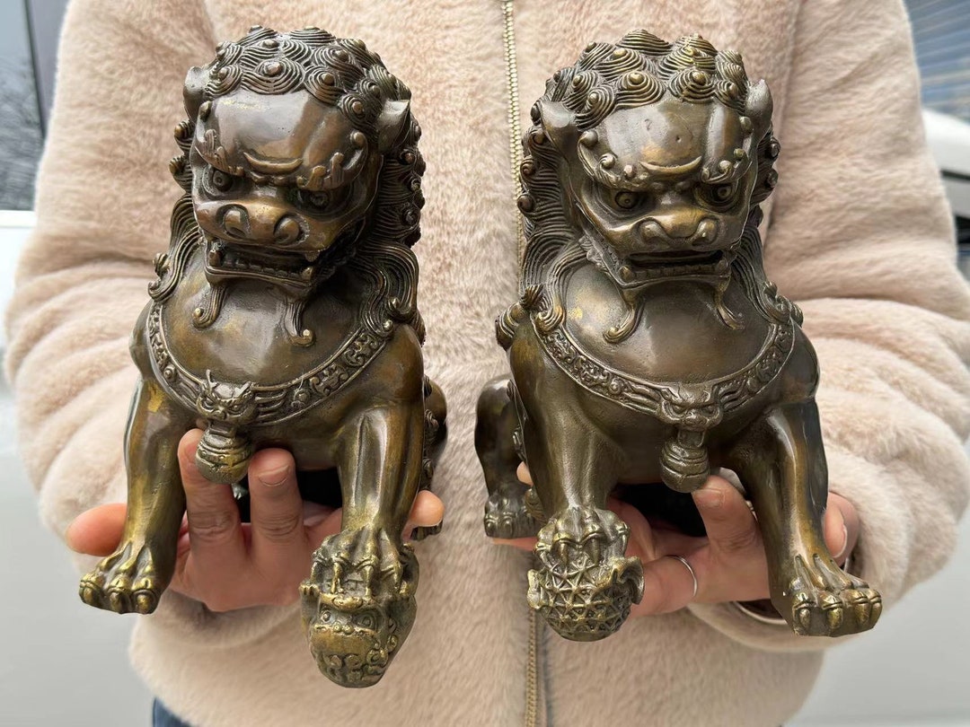 Pair Copper Lion Statues Fu Foo Dogs Guardian Animals Fengshui Tabletop ...
