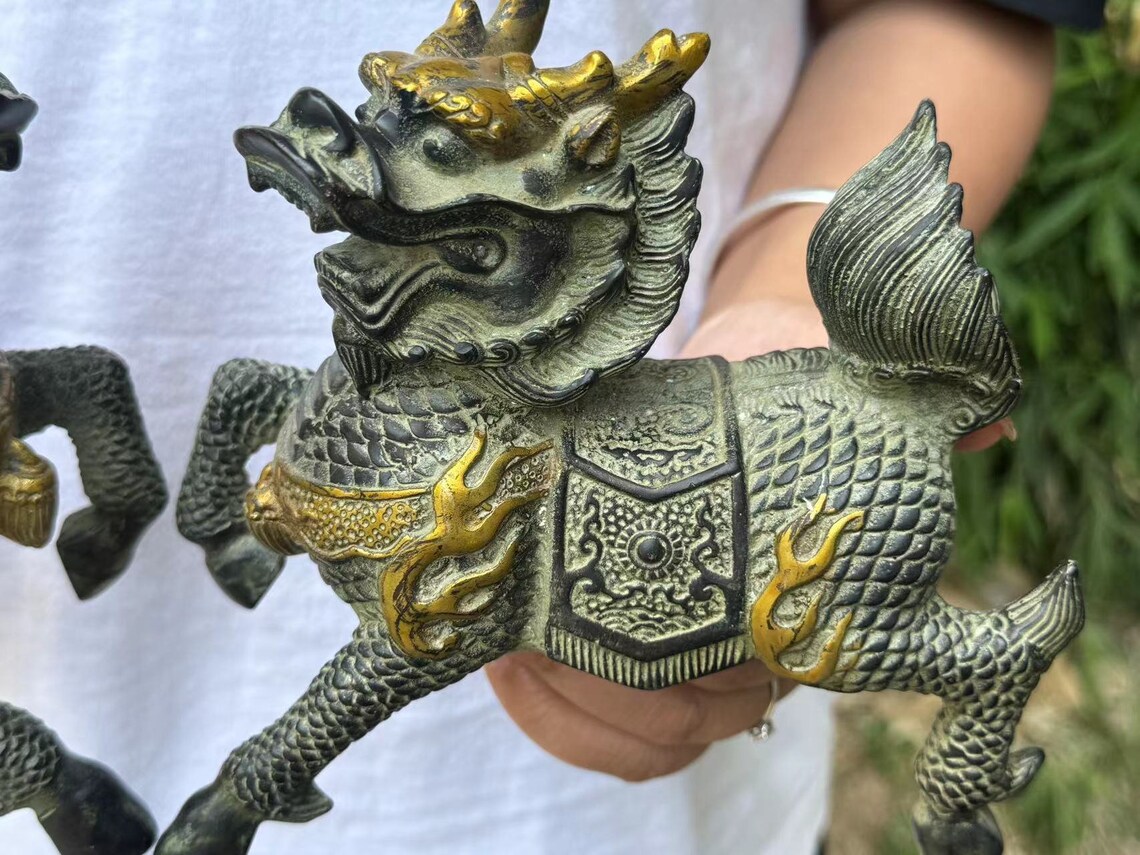 Pair Wealth Pixiu Statue Feng Shui Decor Kirin Pi Yao, Copper Kylin ...