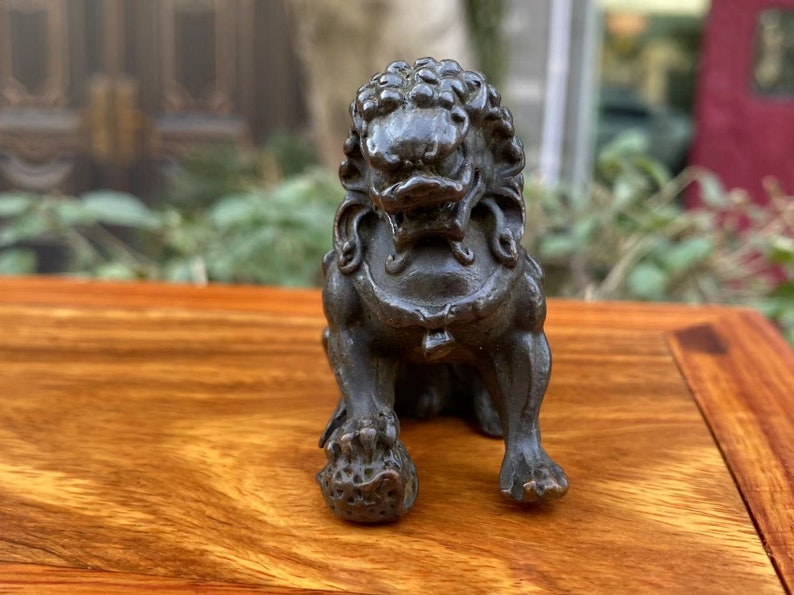 Pair Copper Mini Foo-dogs Sculpture Antiqued Ornaments Wealth Lion ...
