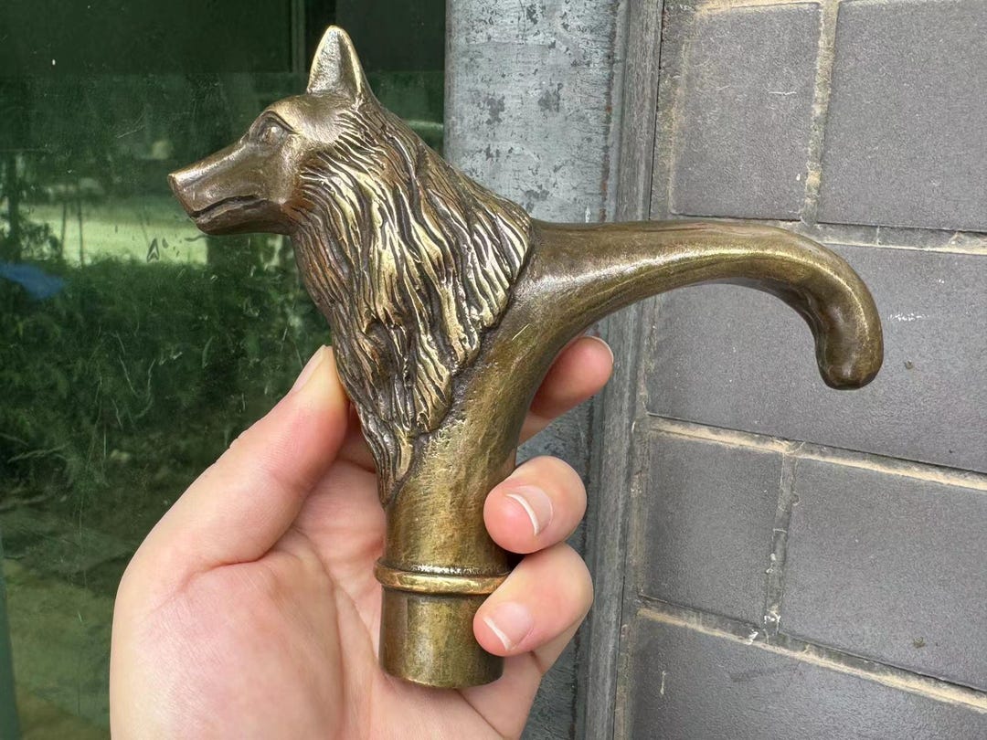 Vintage Wolf Head Cane Walking Stick Head, Brass Hand Carved Figure ...