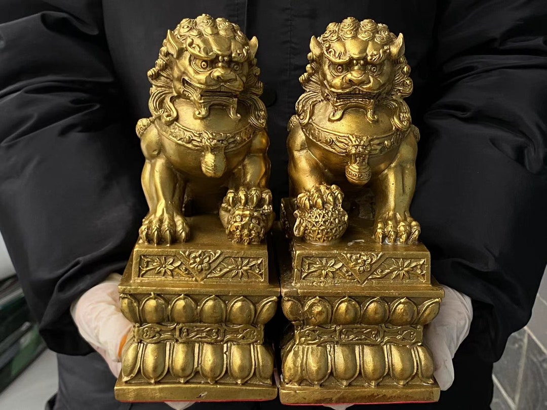 Pair Copper Fu Foo Dogs Guardian Beijing Lion Statues Animal Tabletop ...