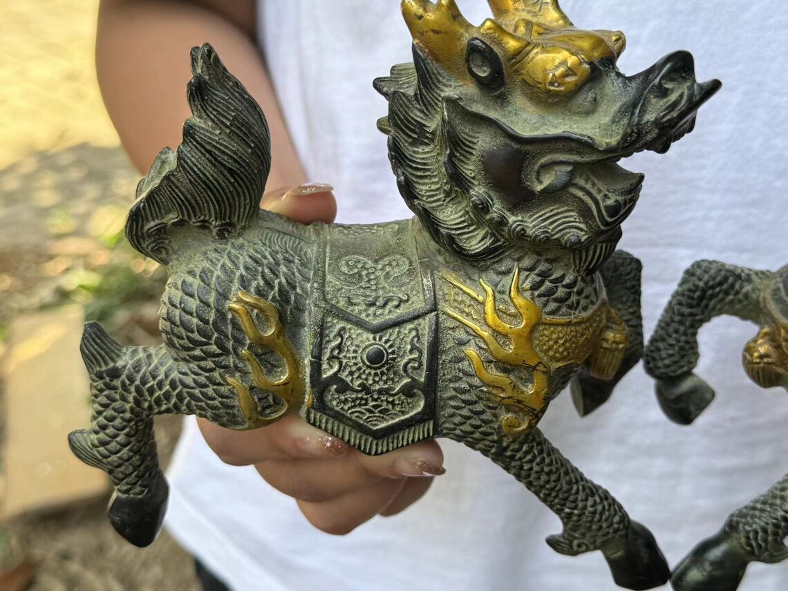 Pair Wealth Pixiu Statue Feng Shui Decor Kirin Pi Yao, Copper Kylin ...