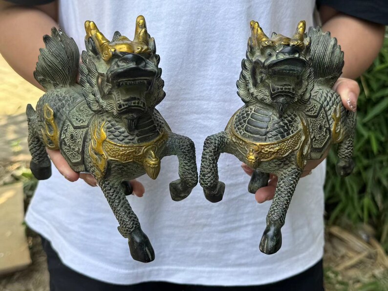 Pair Wealth Pixiu Statue Feng Shui Decor Kirin Pi Yao, Copper Kylin ...