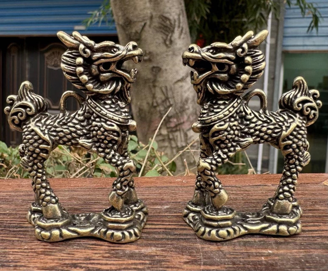 Pair Copper Feng Shui Chi Lin Qilin Statue, Foo-dogs Lion Temple ...
