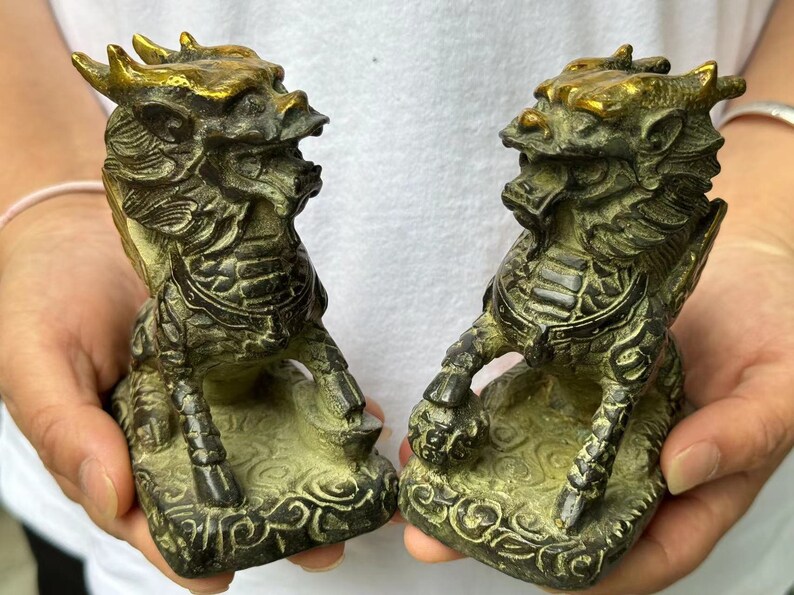 Pair Copper Gilt Fengshui Animal Pixiu Beast Wealth Lucky Bixie Statue ...