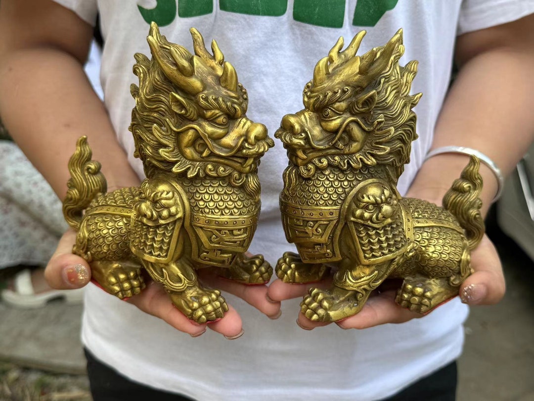 Pair Brass Pixiu Statue Feng Shui Kirin Pi Yao,copper Kylin Unicorn ...