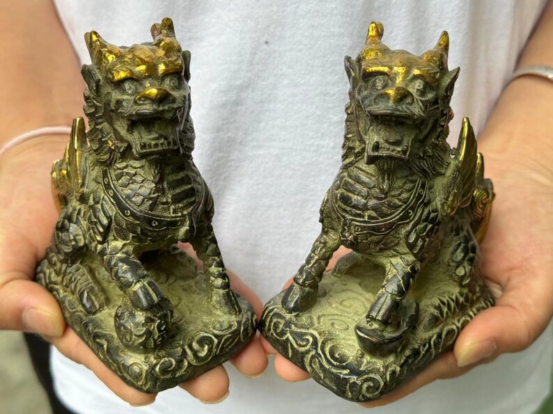 Pair Copper Gilt Fengshui Animal Pixiu Beast Wealth Lucky Bixie Statue ...