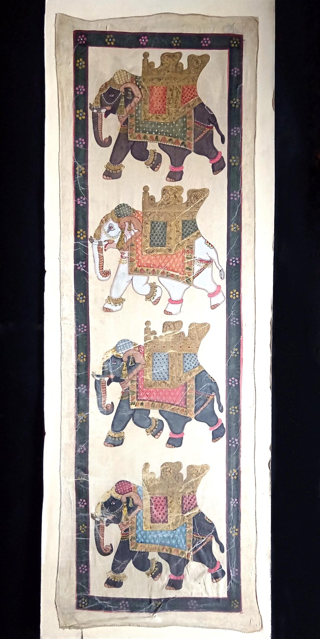 Elephant Indian Silk Scarf Miniature Painting Vintage Unique 1960/1970s ...