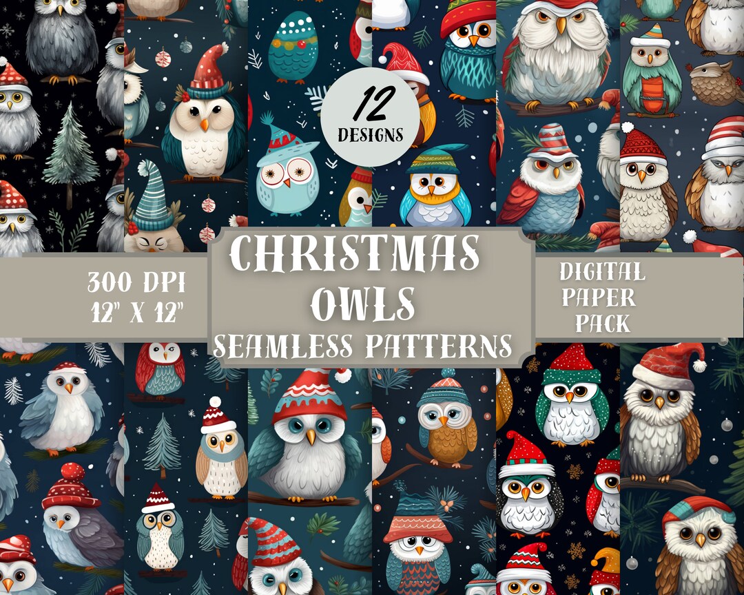 Christmas Owls Seamless Patterns , Digital Crafting, Xmas Owls in Santa ...