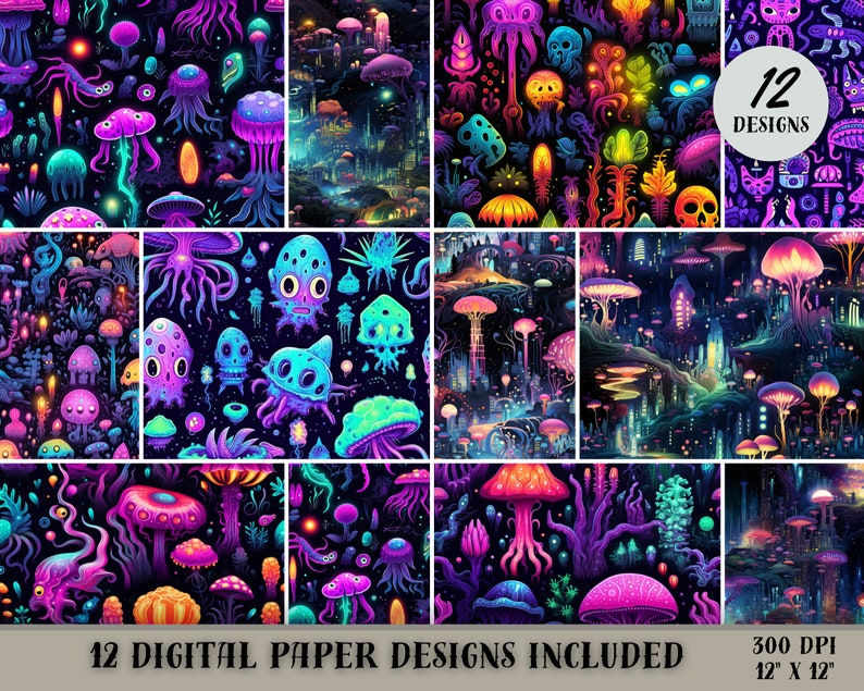 Aliens Neon Seamless Patterns, Spooky & Cute Alien Fauna and Landscapes ...