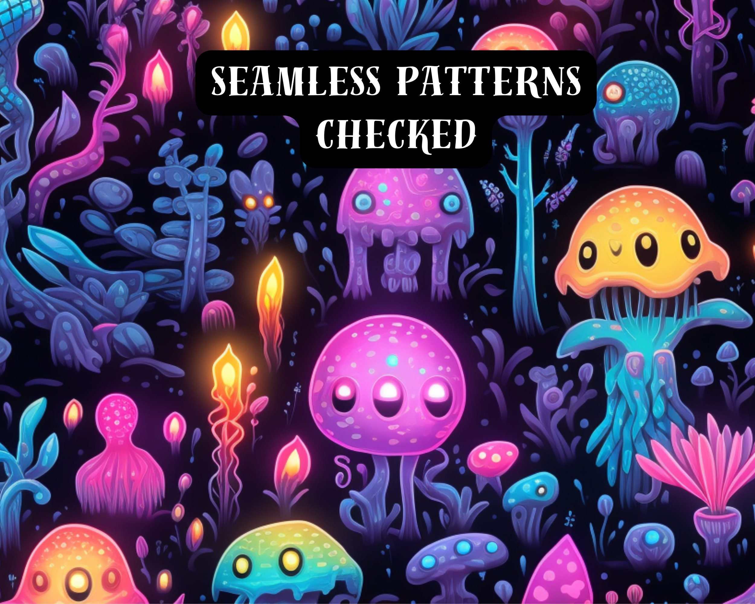 Aliens Neon Seamless Patterns, Spooky & Cute Alien Fauna and Landscapes ...