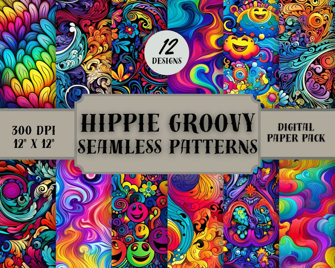 Hippie Digital Paper Patterns, Groovy Retro, Flower Power Seamless ...