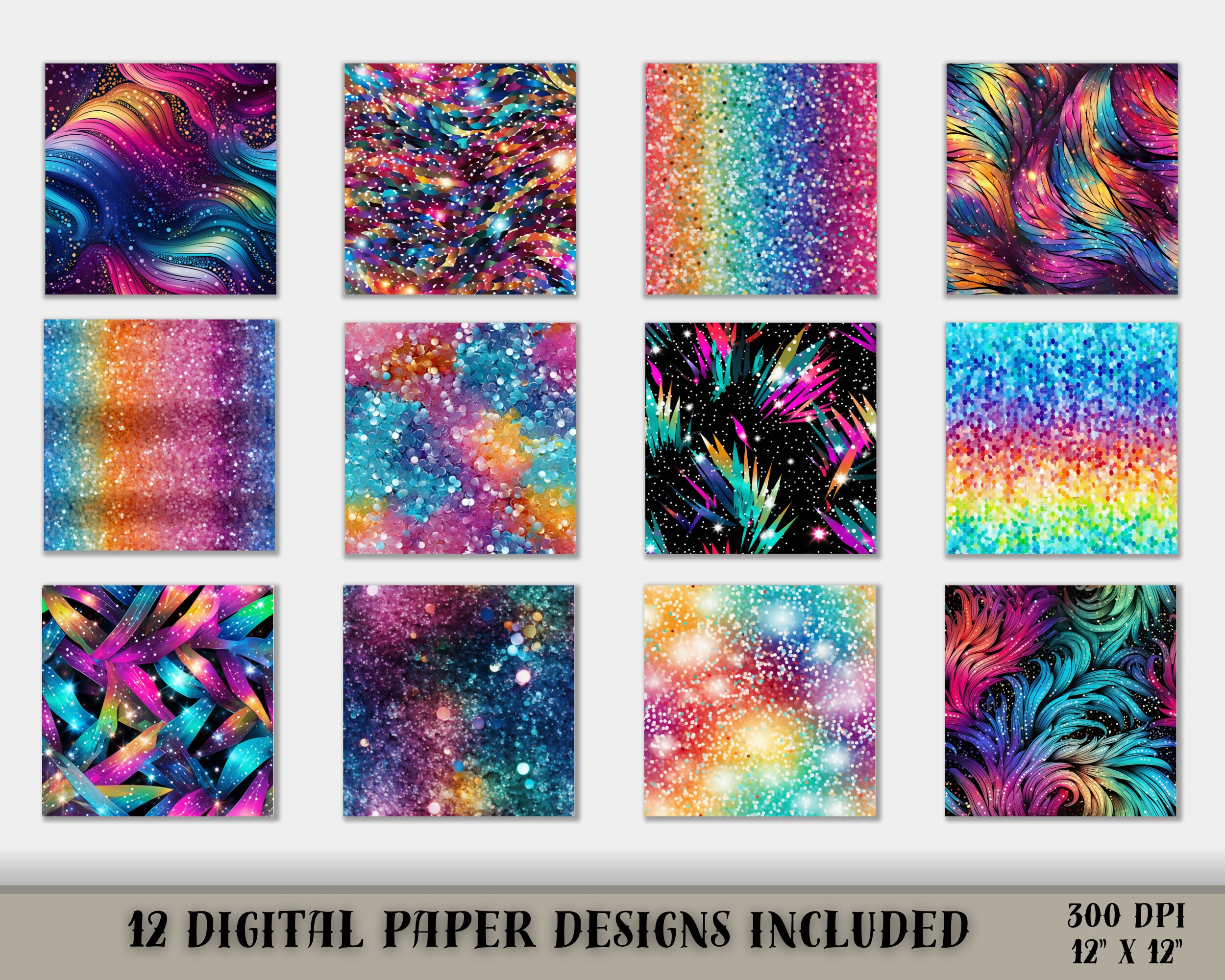 Rainbow Glitter Digital Papers, Printable Glitter, Bright Glitter ...