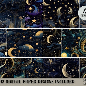 Starry Night Sky Digital Paper, Galaxy Digital Paper With Moon ...