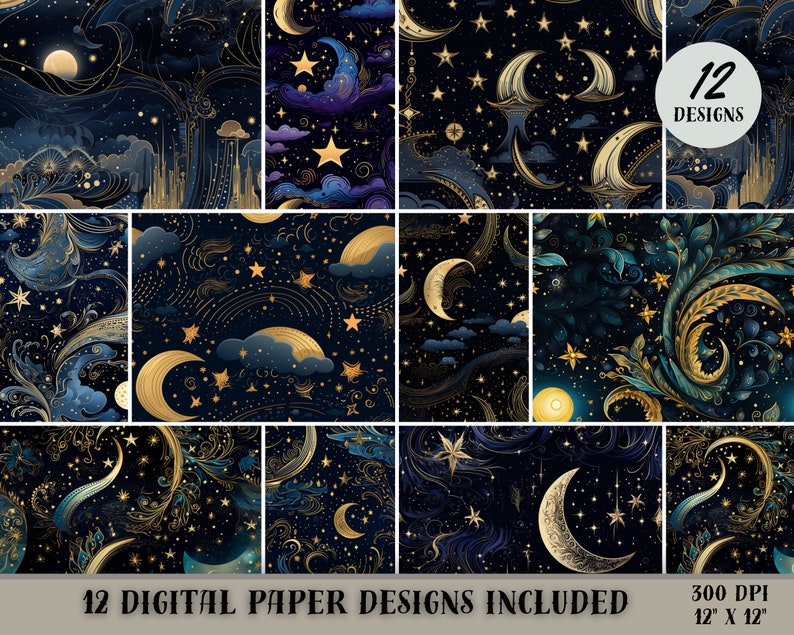 Starry Night Sky Digital Paper, Galaxy Digital Paper With Moon ...
