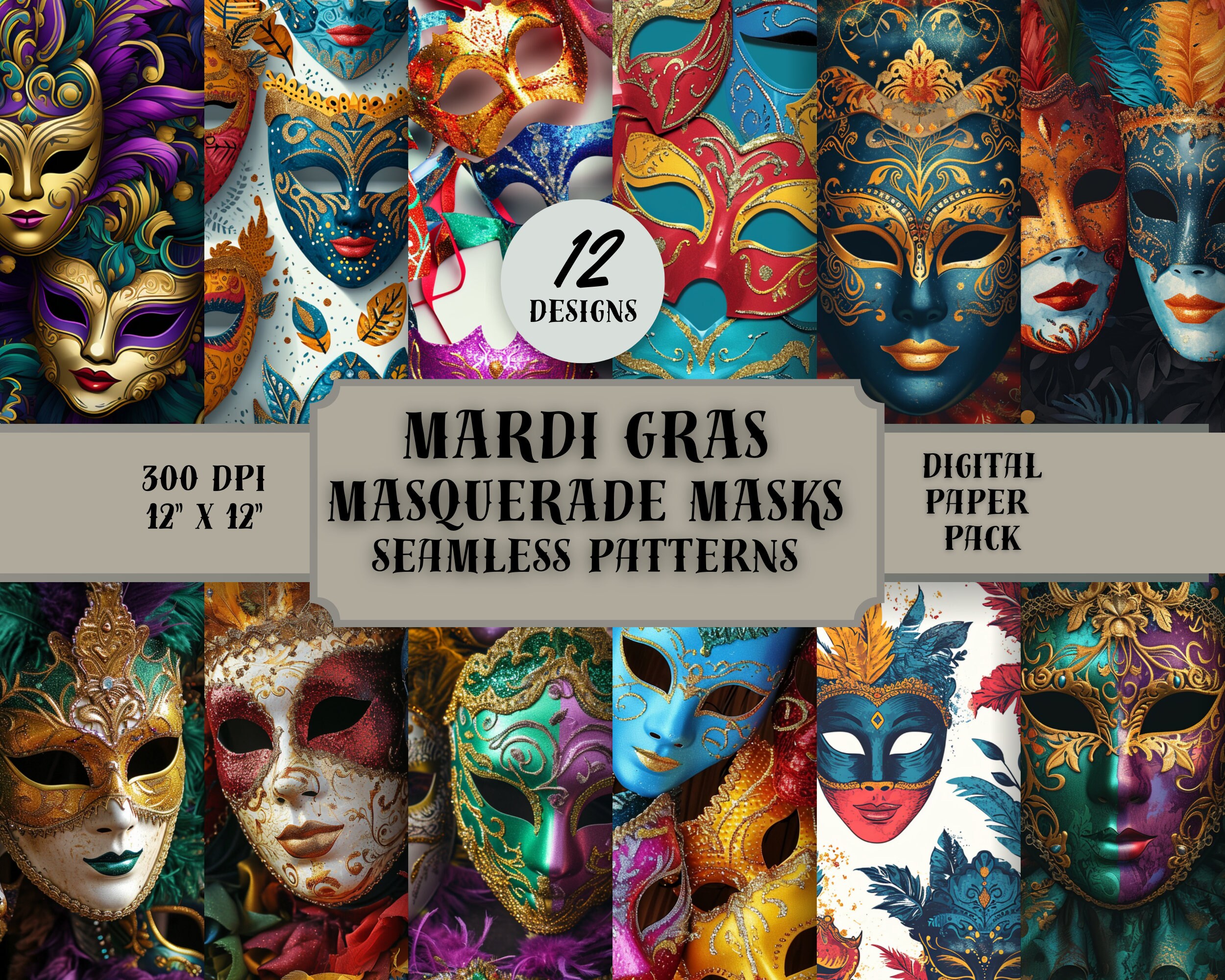 Mardi Gras Masquerade Masks in Seamless Patterns, Decoupage ...