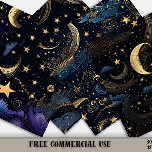 Starry Night Sky Digital Paper, Galaxy Digital Paper With Moon ...