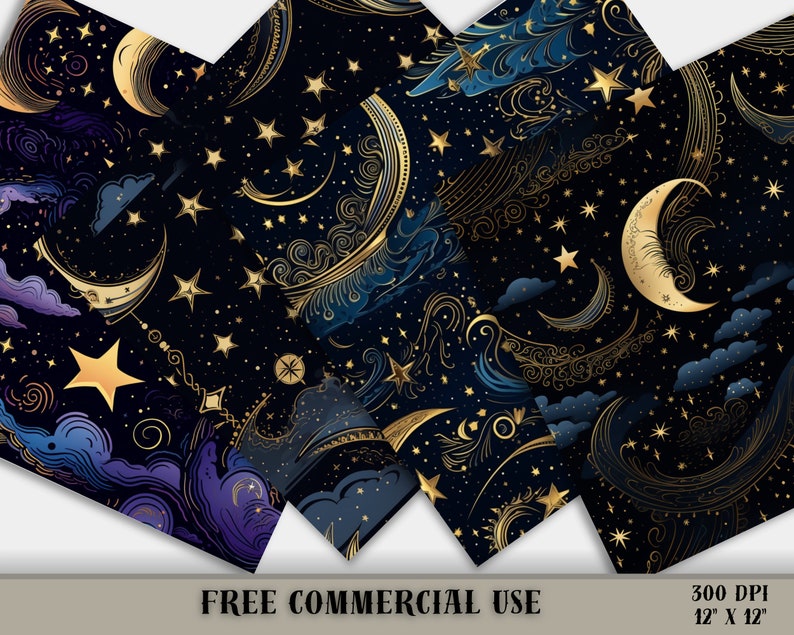 Starry Night Sky Digital Paper Galaxy Digital Paper With Moon - Etsy