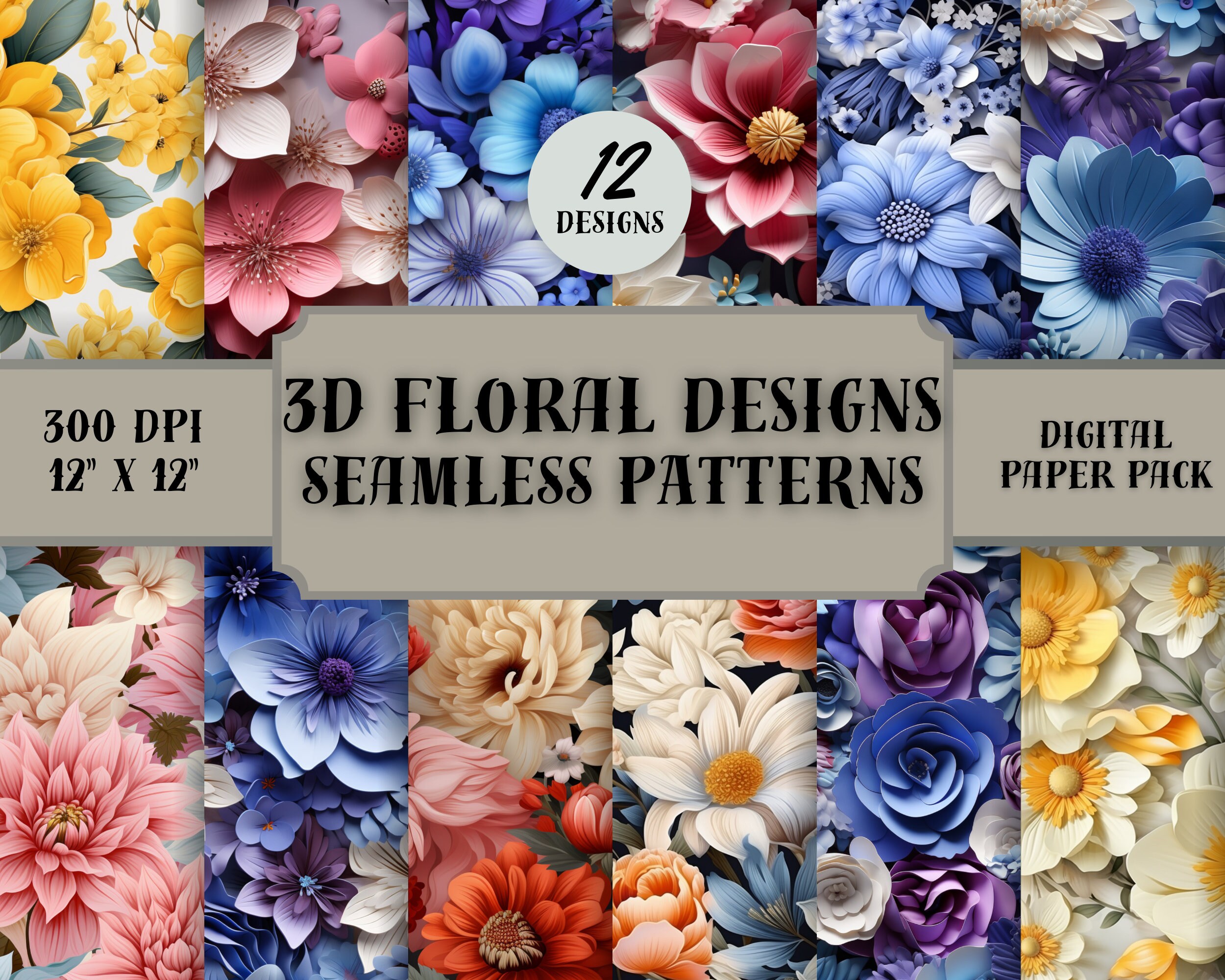 3D Floral Digital Papers, Seamless Patterns, Commercial Use, 12 Designs ...