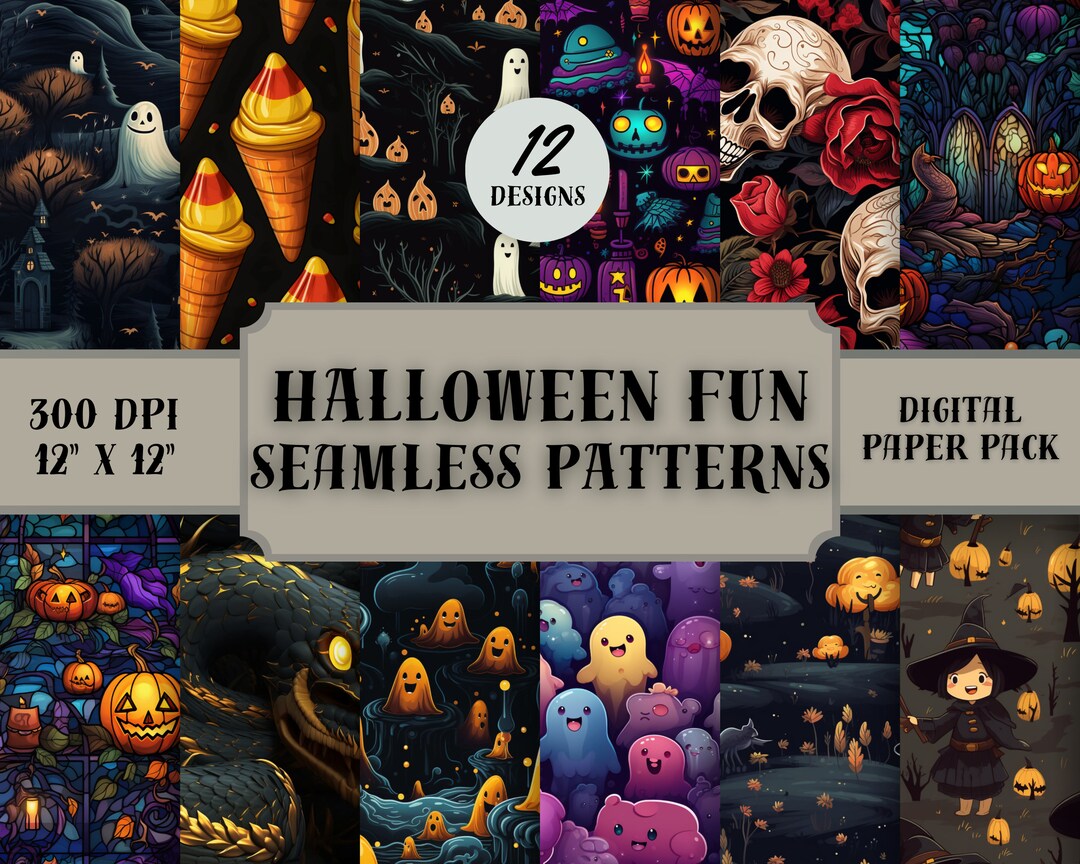 Cute Halloween Digital Paper Seamless Pattern Pack of 12, Decoupage ...