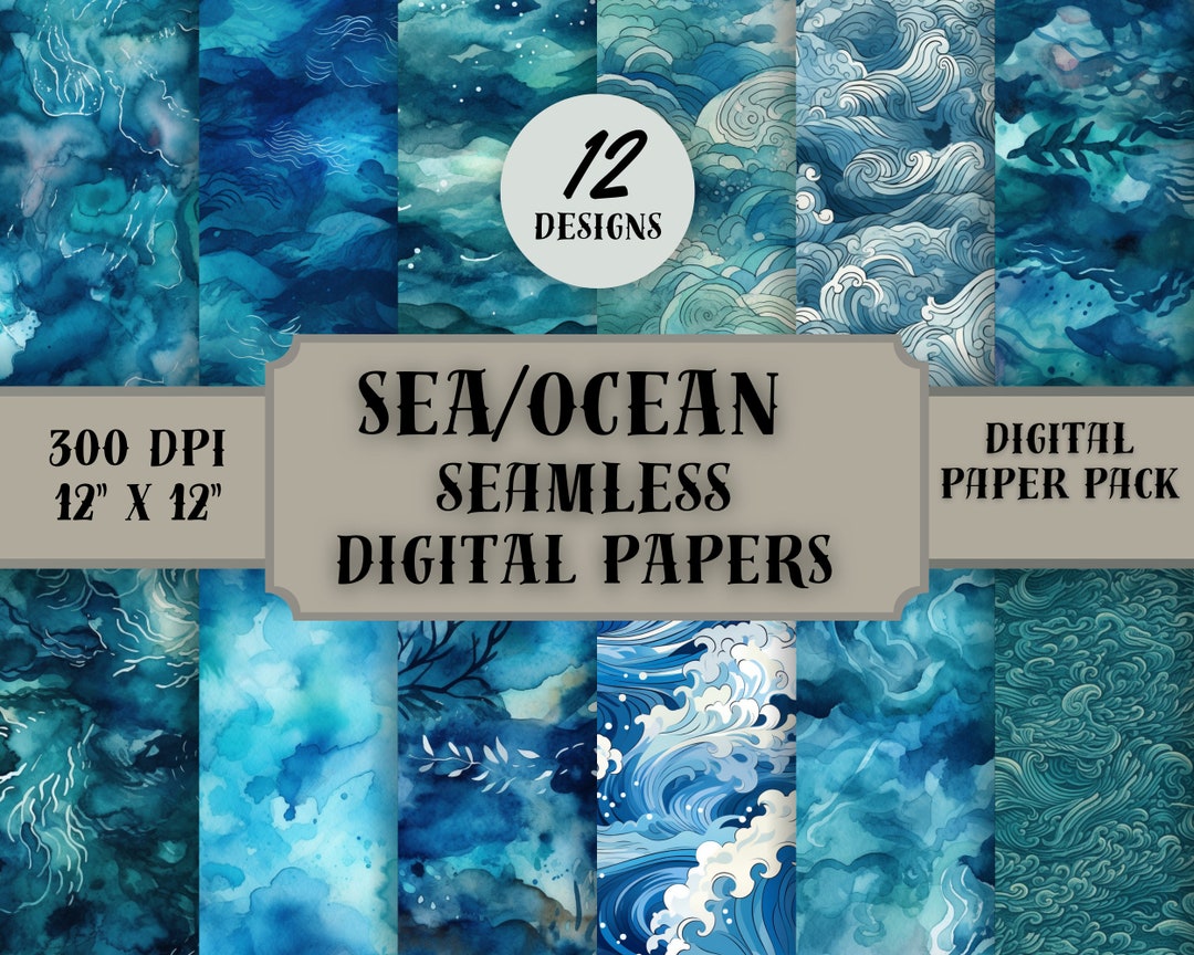 Ocean Sea Digital Papers, Underwater Seamless Patterns, Waves Digital ...