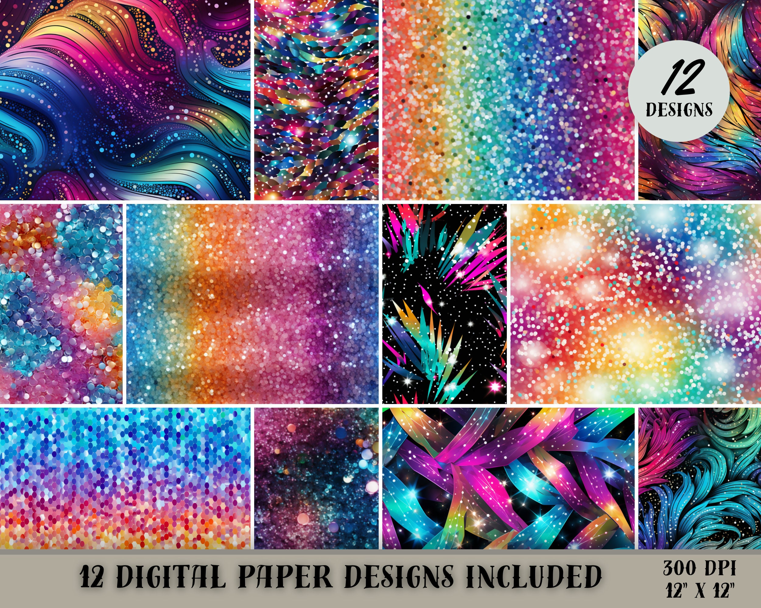 Rainbow Glitter Digital Papers, Printable Glitter, Bright Glitter ...