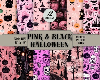 Black and Purple Halloween Digital Paper, Seamless Witch and Skull ...