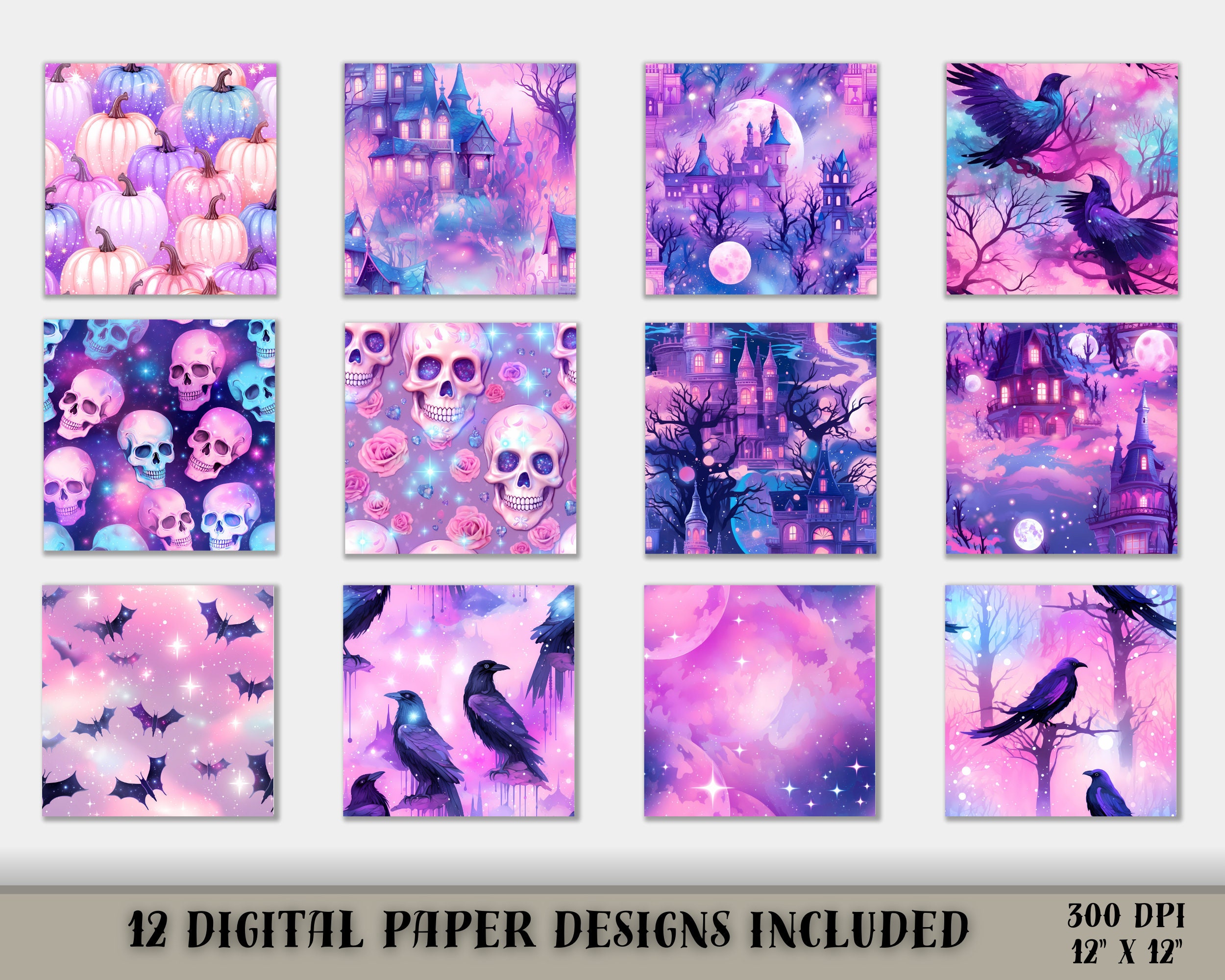 Pastel Halloween Digital Paper, Cute Pink & Purple Ghosts, Ravens ...