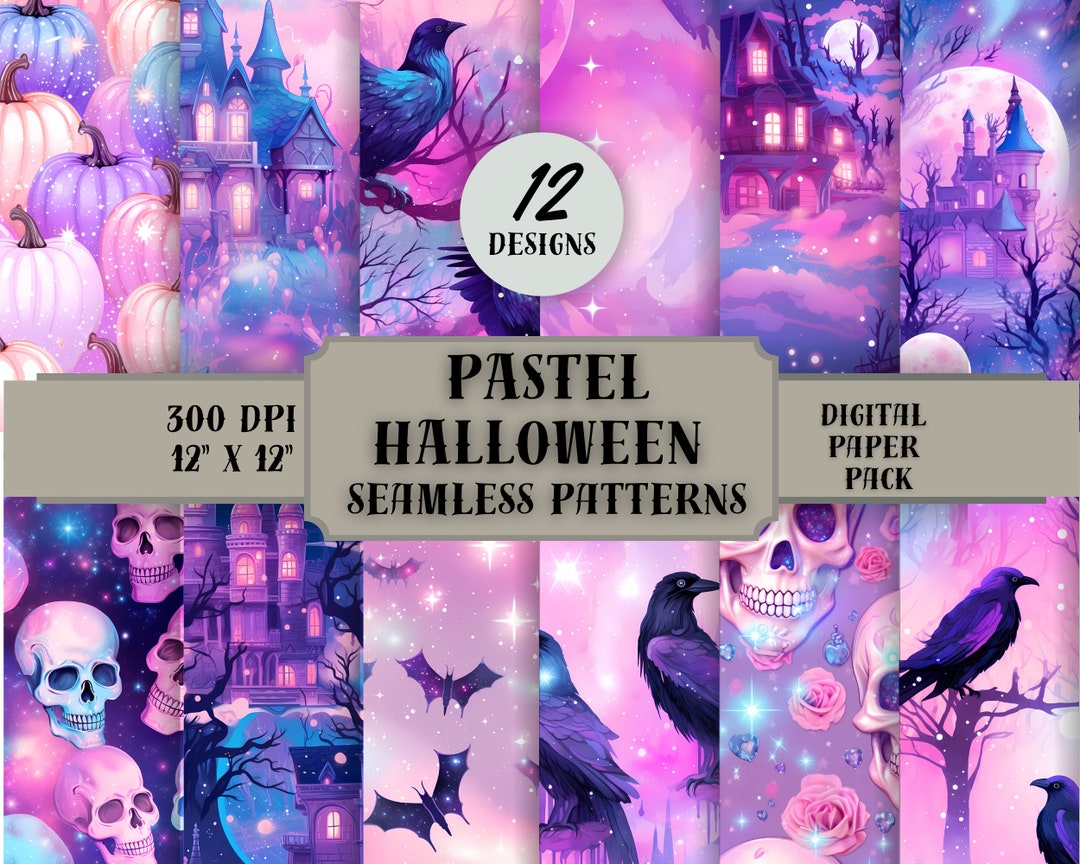 Pastel Halloween Digital Paper, Cute Pink & Purple Ghosts, Ravens ...