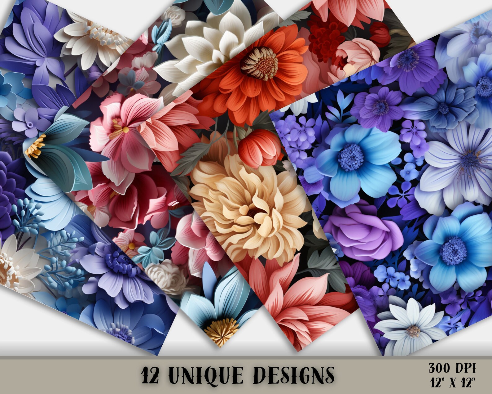 3D Floral Digital Papers, Seamless Patterns, Commercial Use, 12 Designs ...