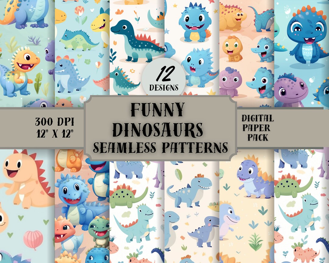 Funny Dinosaurs Seamless Patterns, Digital Paper Birthday Dinosaurs ...