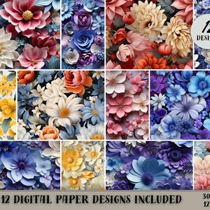 3D Floral Digital Papers, Seamless Patterns, Commercial Use, 12 Designs ...