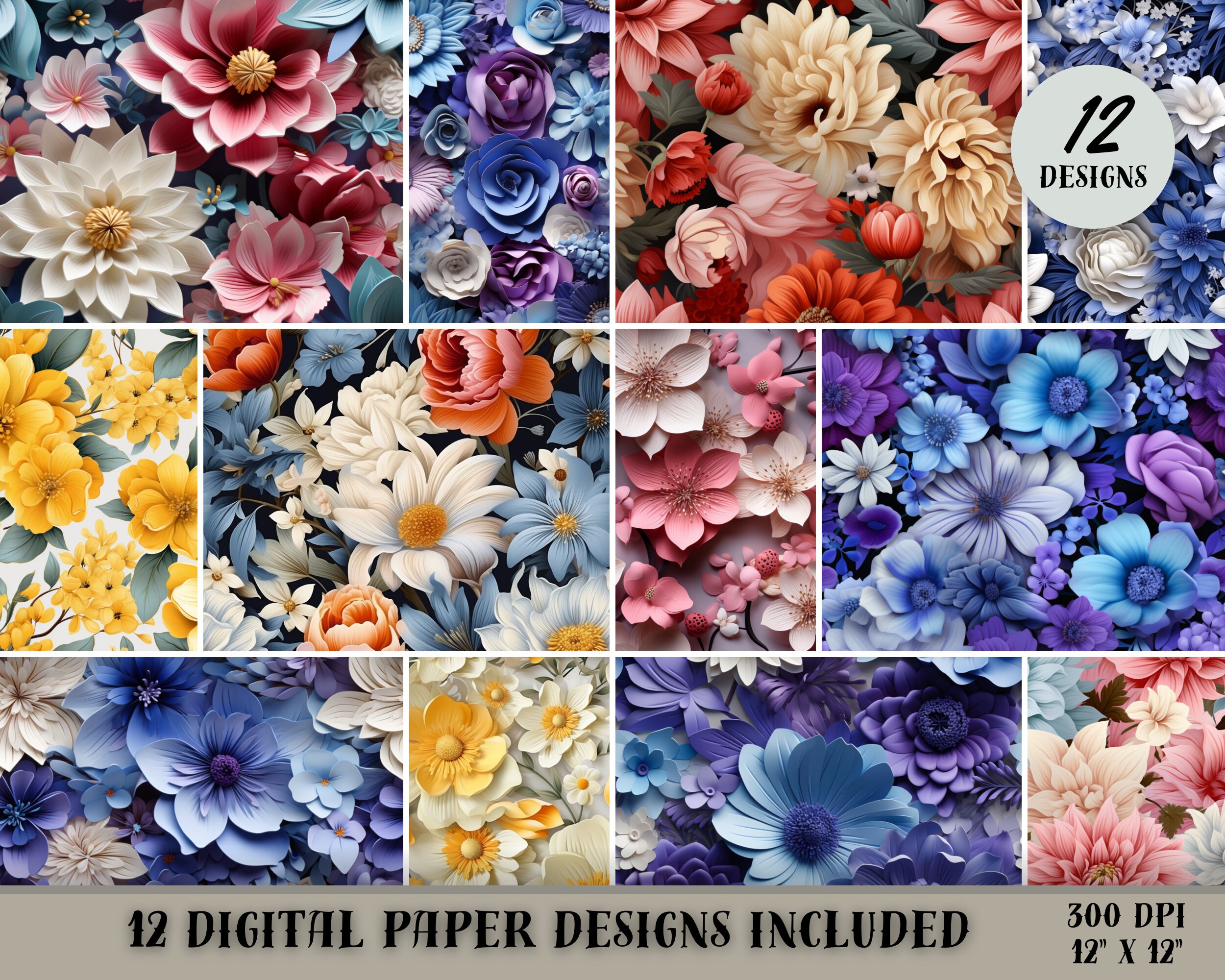 3D Floral Digital Papers, Seamless Patterns, Commercial Use, 12 Designs ...